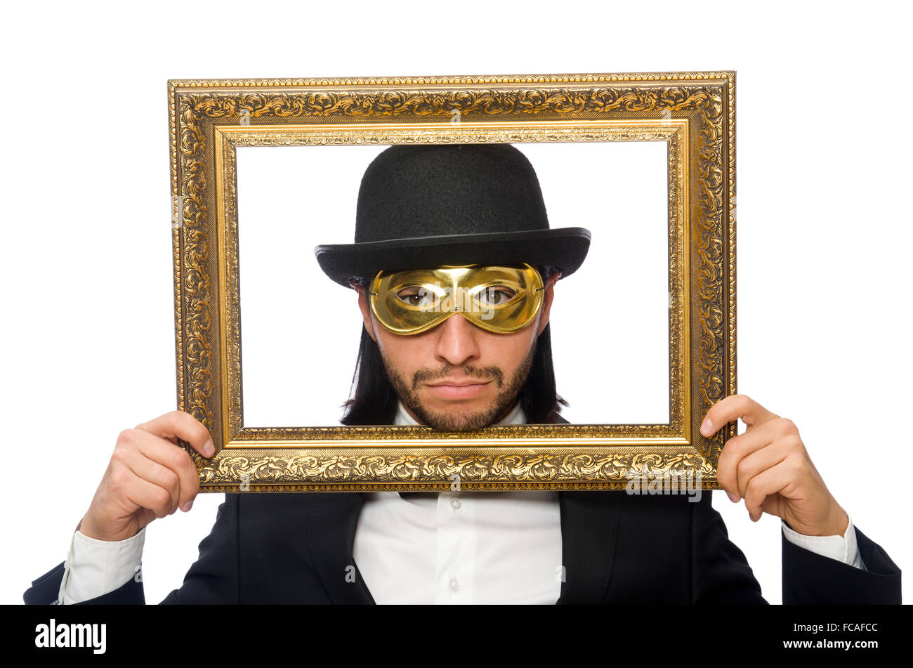 Funny man with picture frame on white Stock Photo - Alamy
