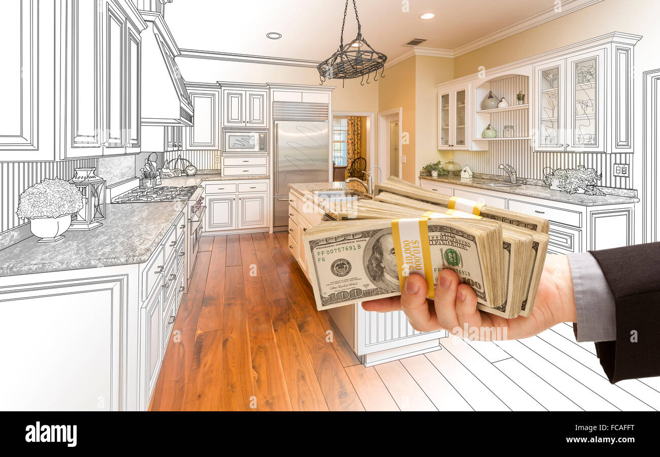Hand Handing Stacks of Money Over Custom Kitchen Design Drawing and ...