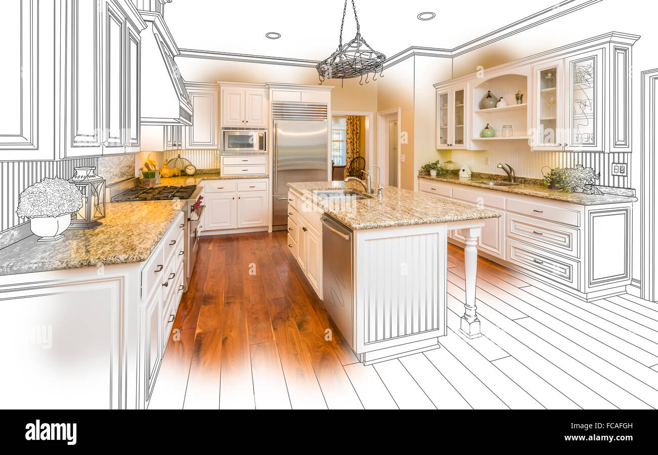 Beautiful Custom Kitchen Design Drawing and Brushed In Photo ...