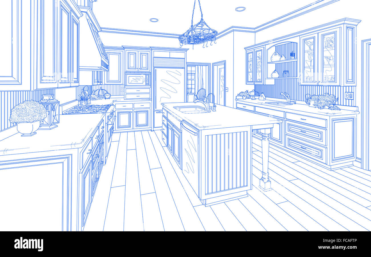 Beautiful Custom Kitchen Design Drawing in Blue on White Stock Photo ...