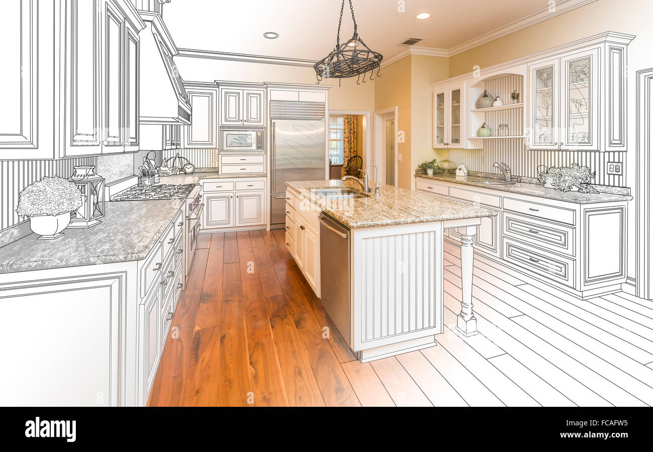 Beautiful Custom Kitchen Design Drawing and Gradated Photo Combination ...