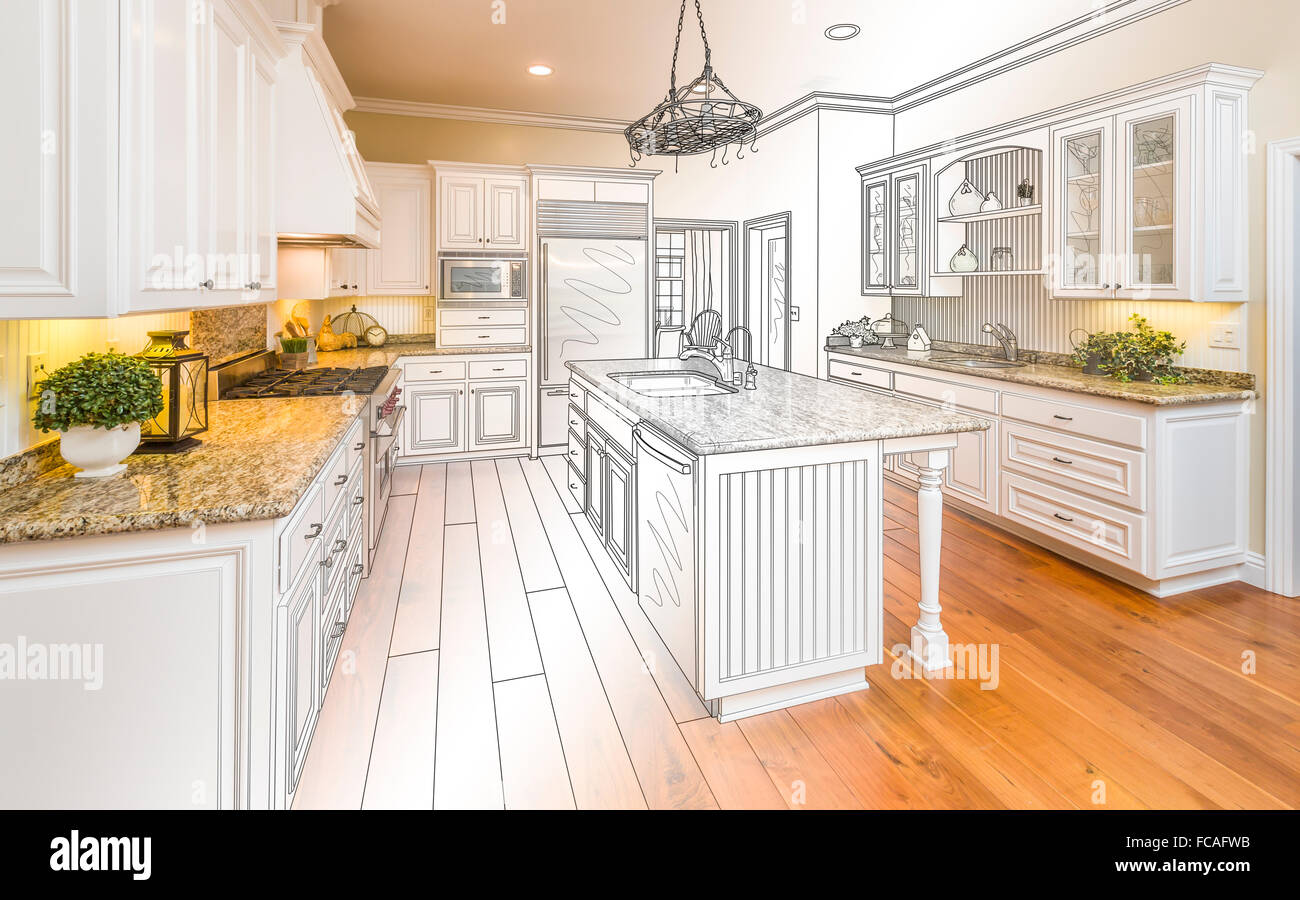 Beautiful Custom Kitchen Design Drawing and Gradated Photo Combination ...
