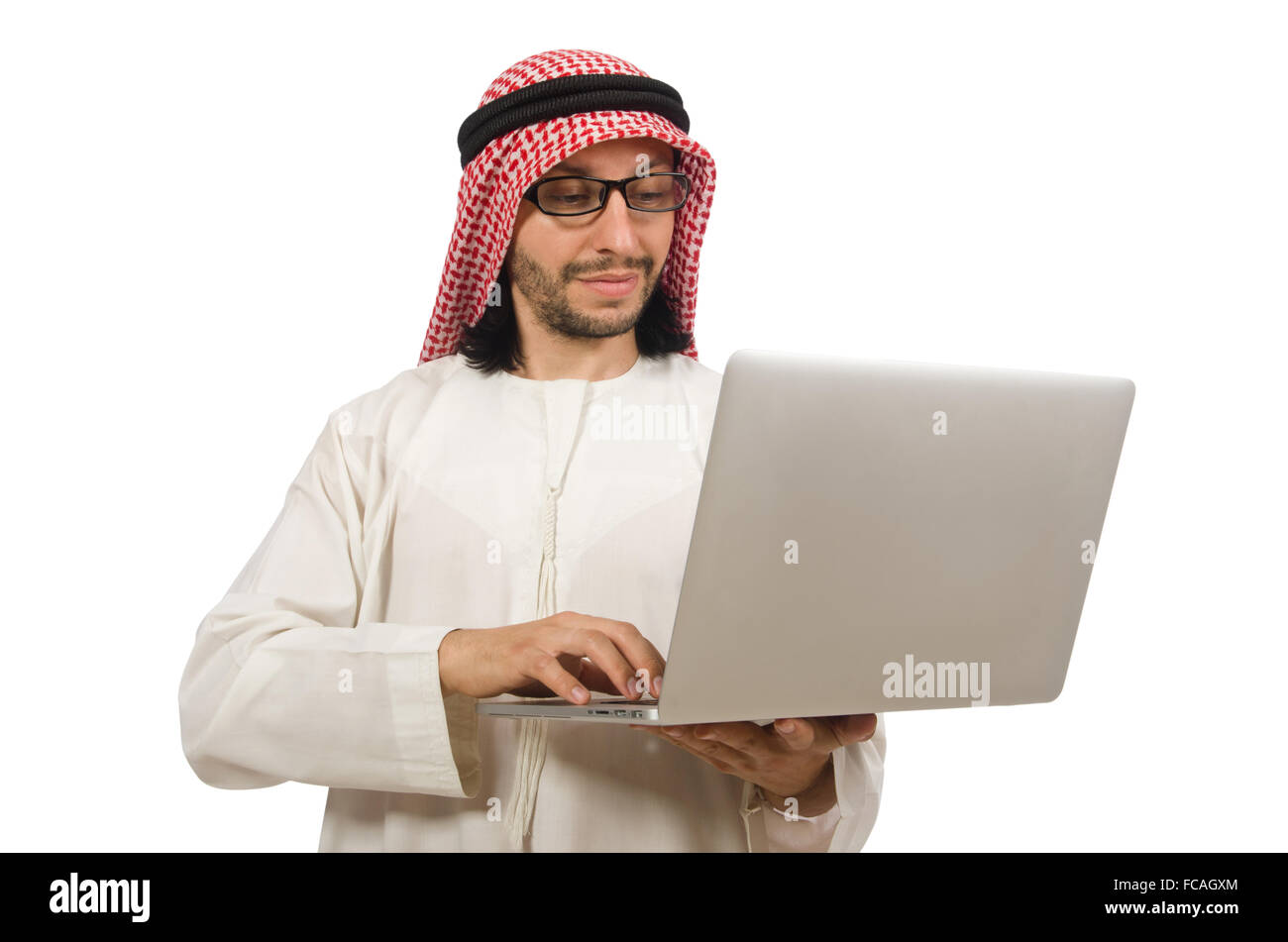 Arab man with laptop isolated on white Stock Photo - Alamy