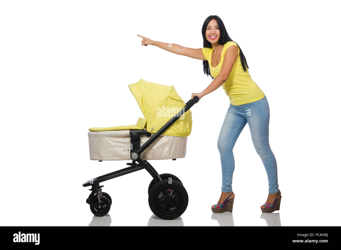 Woman with pram isolated on white Stock Photo - Alamy
