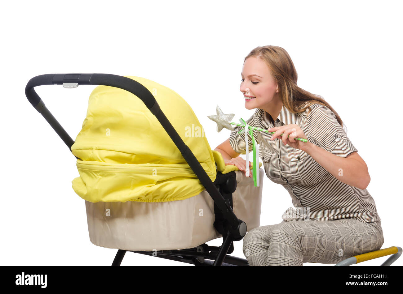 Woman with pram isolated on white Stock Photo - Alamy