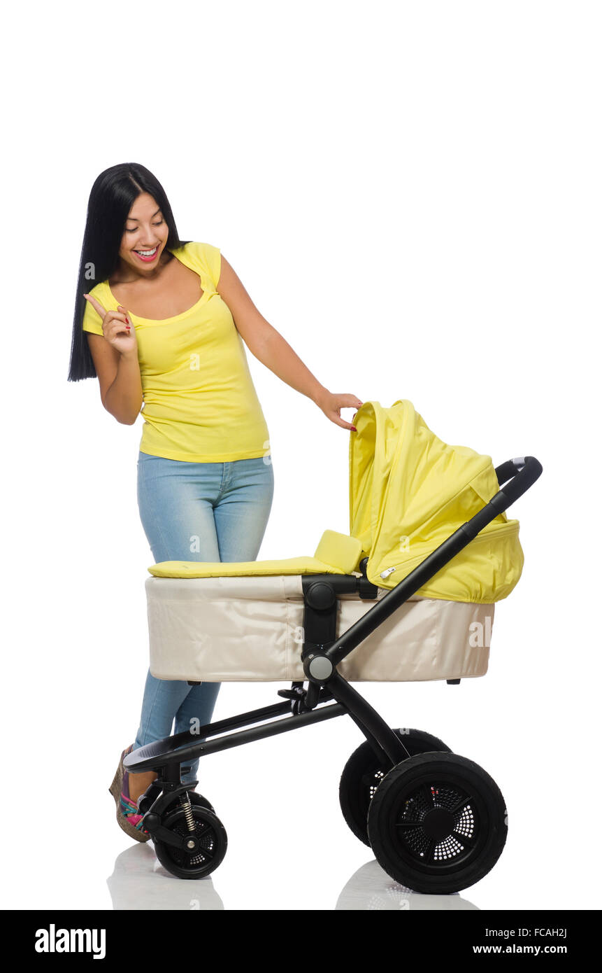Woman with baby and pram isolated on white Stock Photo - Alamy