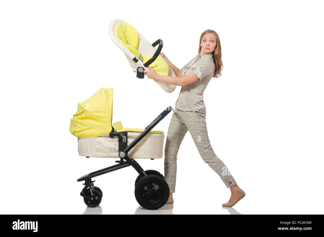 Woman with pram isolated on white Stock Photo - Alamy