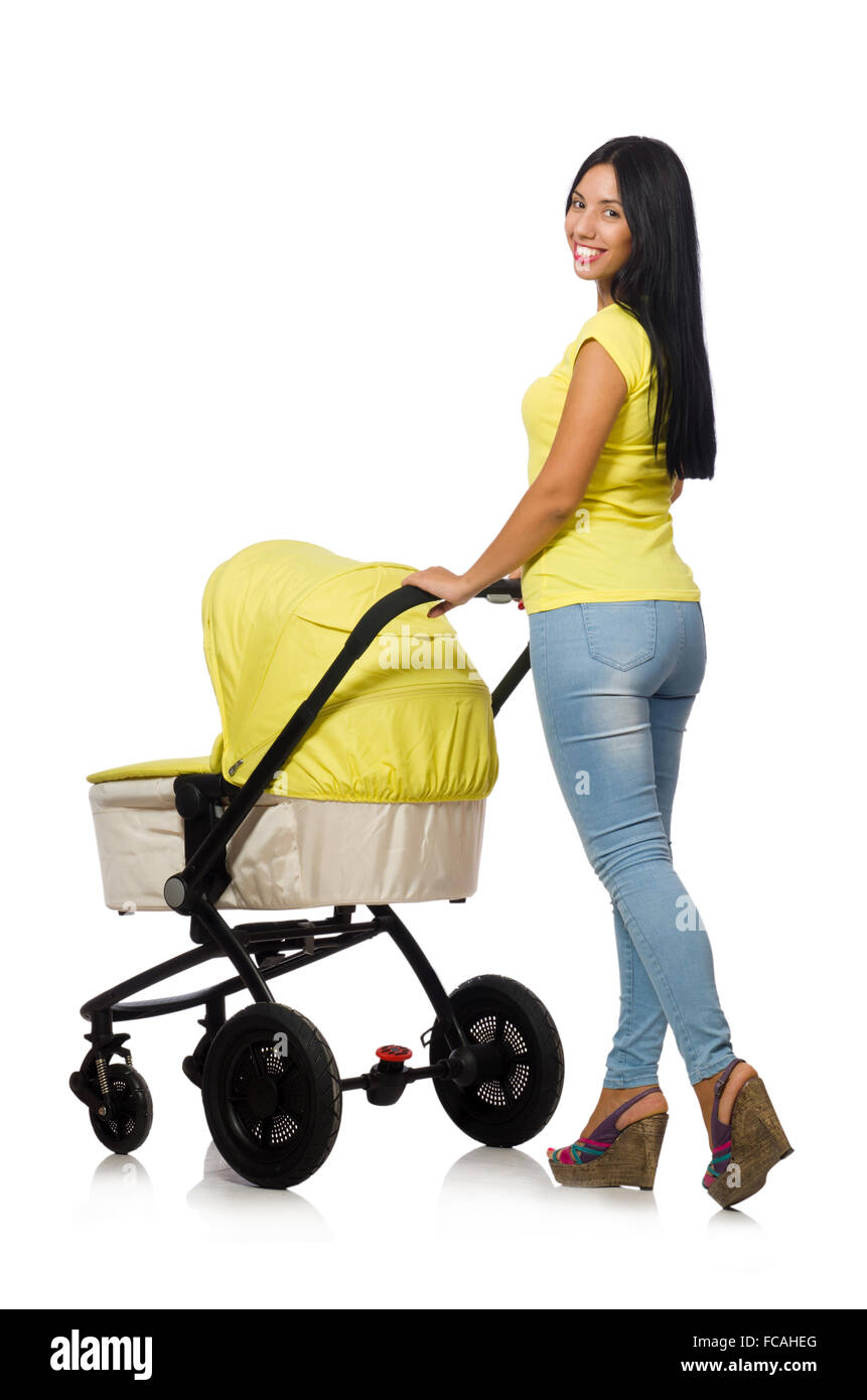 Woman with baby and pram isolated on white Stock Photo - Alamy
