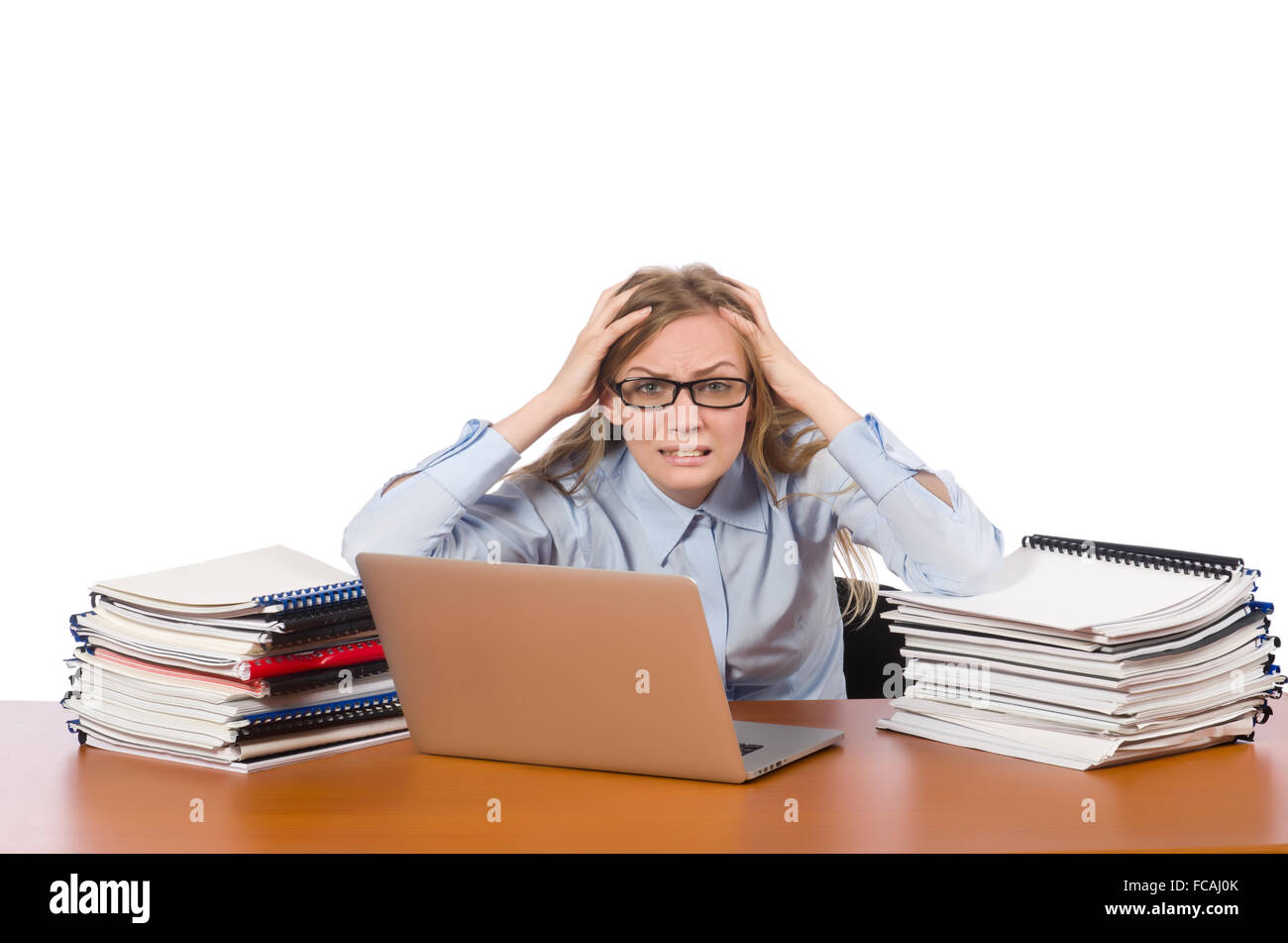 Office employee at job isolated on white Stock Photo - Alamy