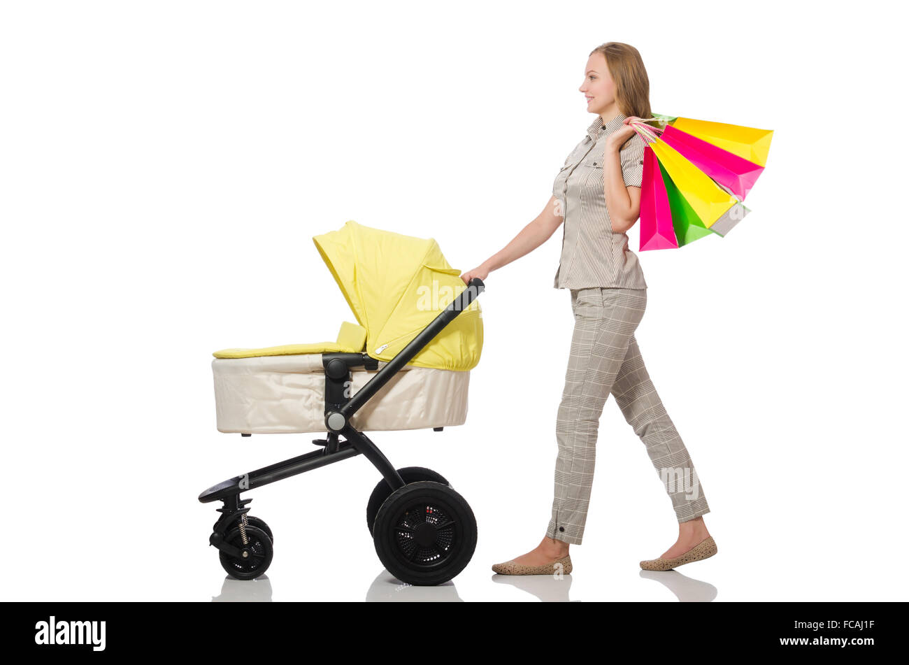 Woman with pram isolated on white Stock Photo - Alamy