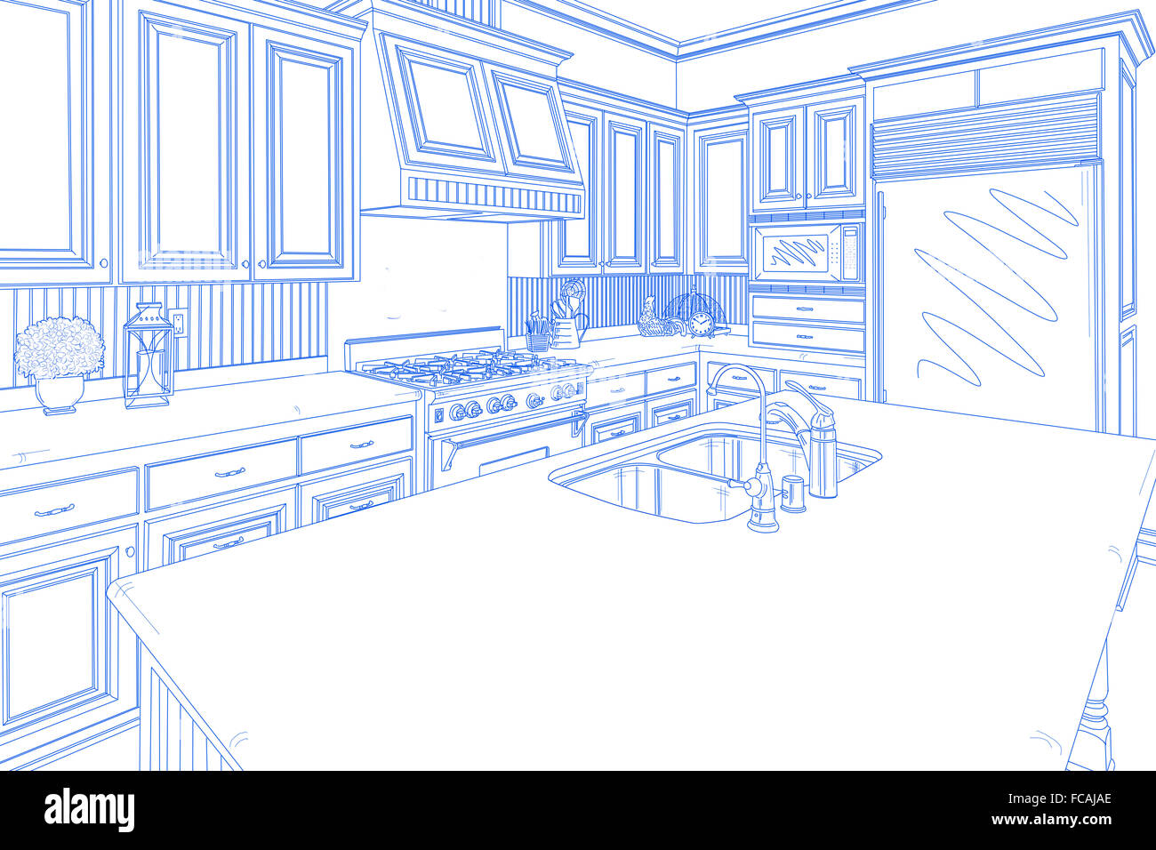 Beautiful Custom Kitchen Design Drawing in Blue on White Stock Photo ...
