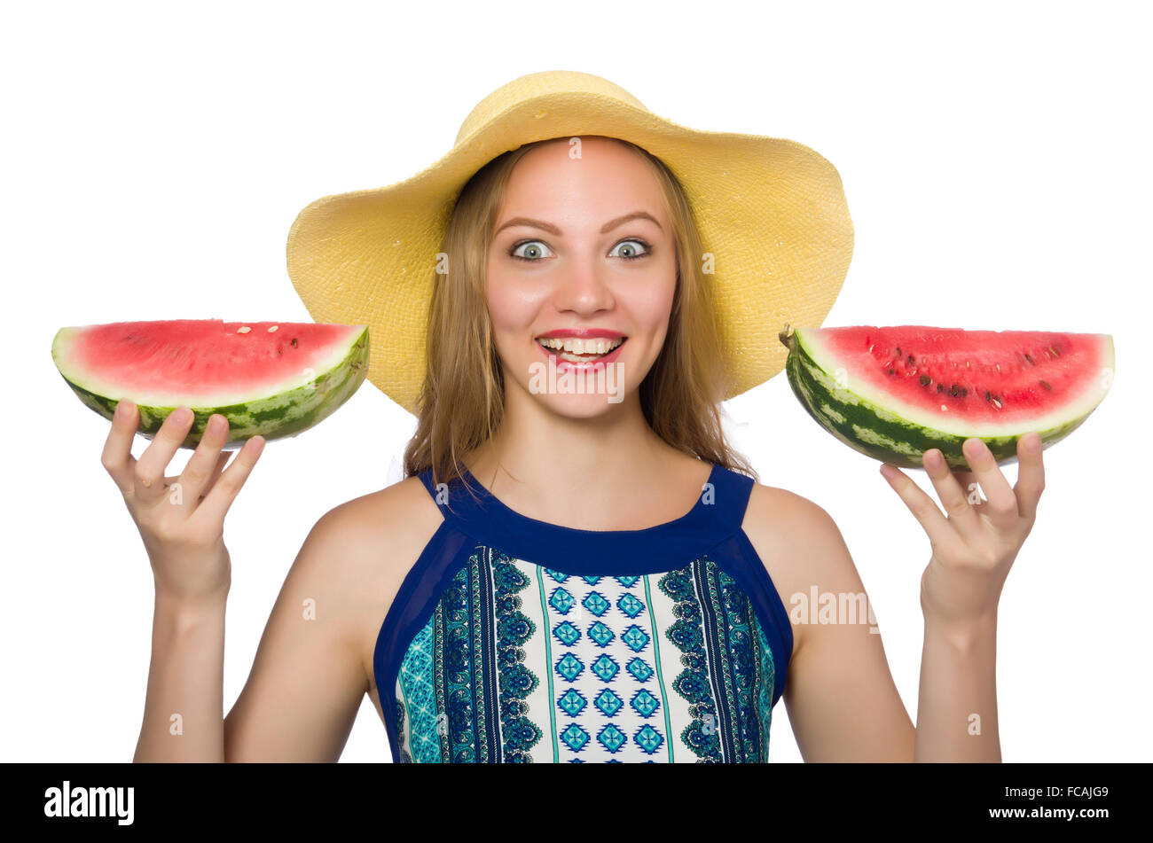 Woman with watermelon isolated on white Stock Photo - Alamy