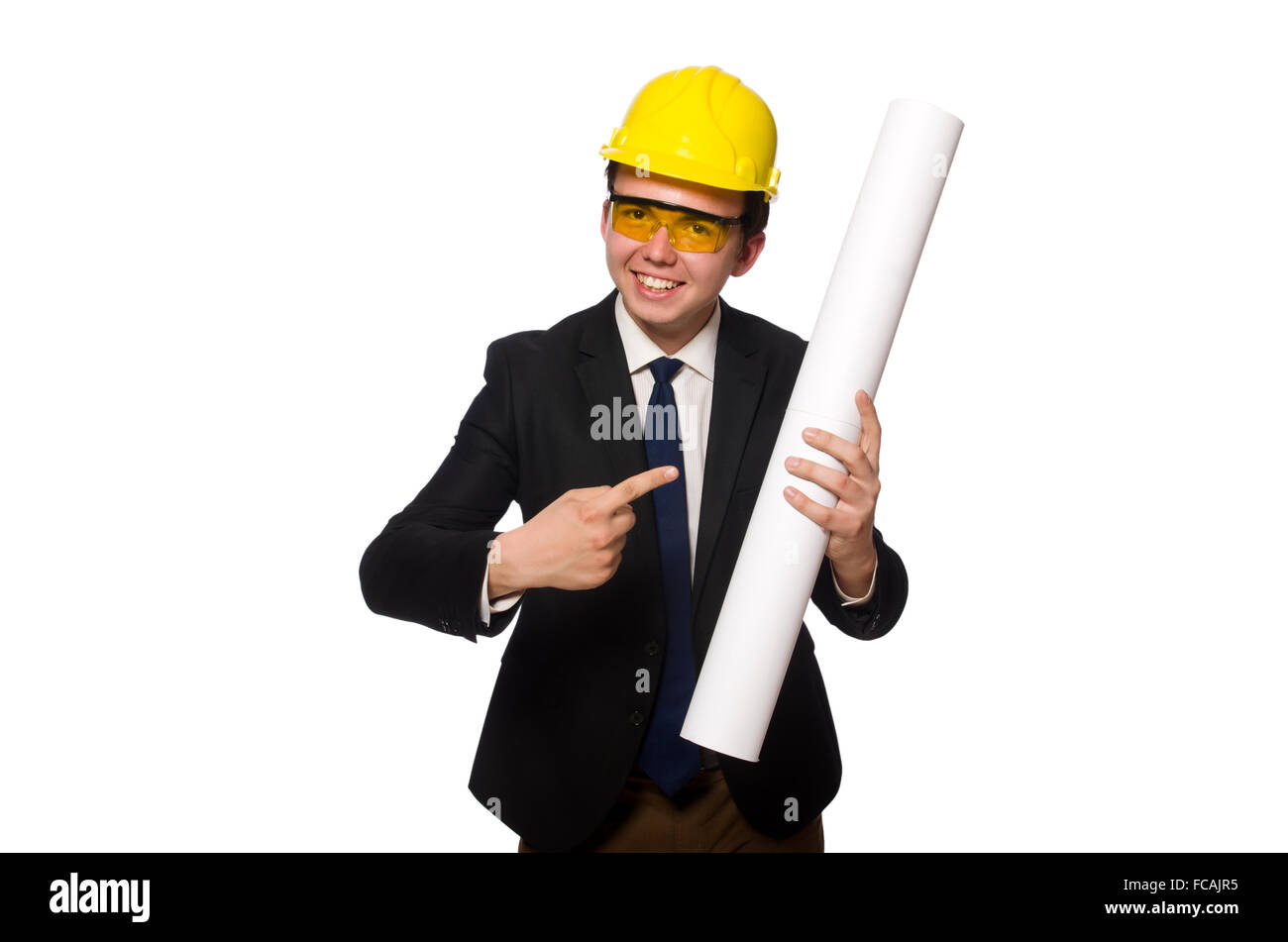 Funny architect with drawings on white Stock Photo - Alamy
