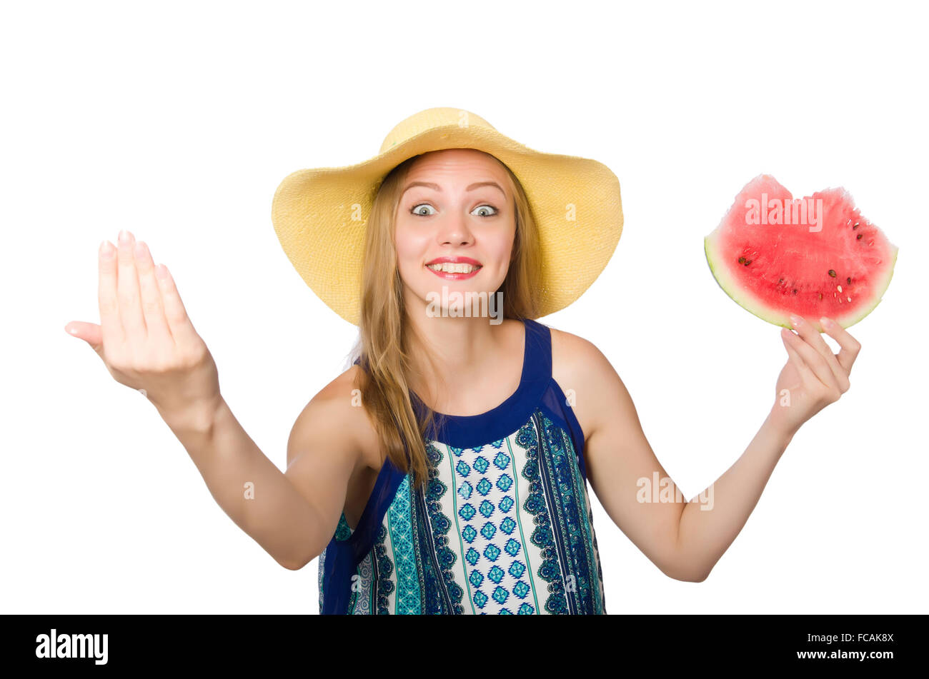Woman with watermelon isolated on white Stock Photo - Alamy