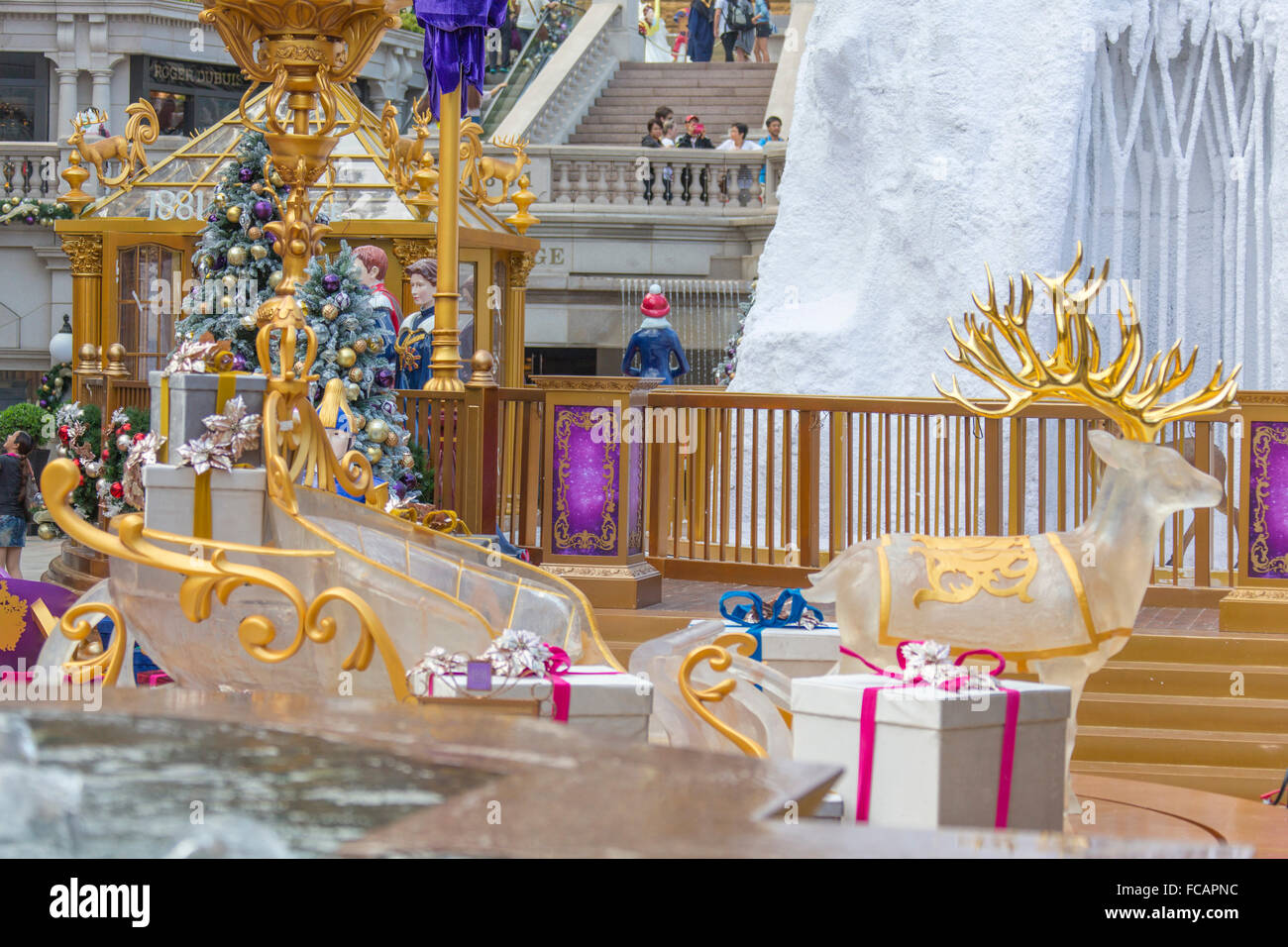 Christmas scene display in Hong Kong. Gift boxes and presents with ...