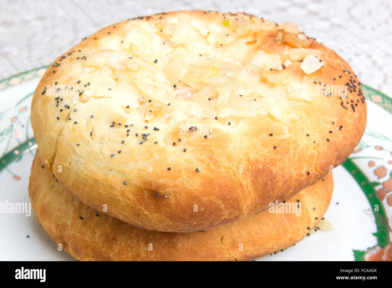 A traditional Ashkenazi Jewish flatbread with onion toppings sprinkled ...