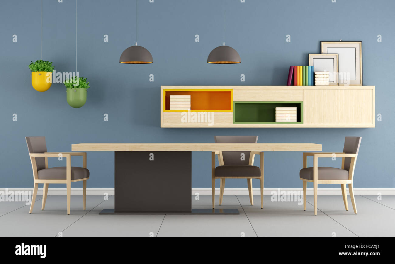 Modern dining room with table,chair and sideboard on wall - 3d ...