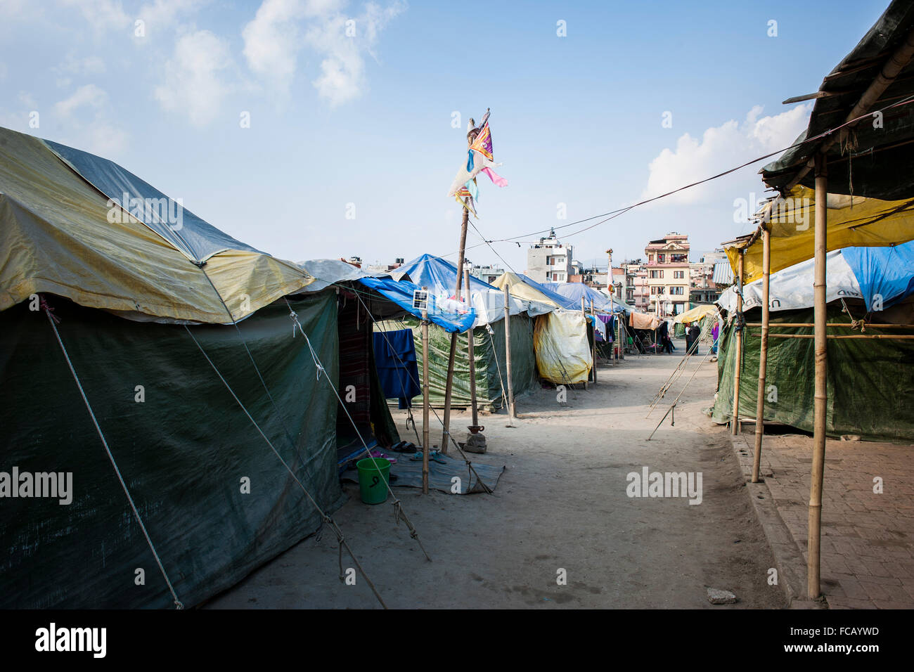 Nepal, Bouddhnath, one year after the earthquake, refugee camp Stock ...