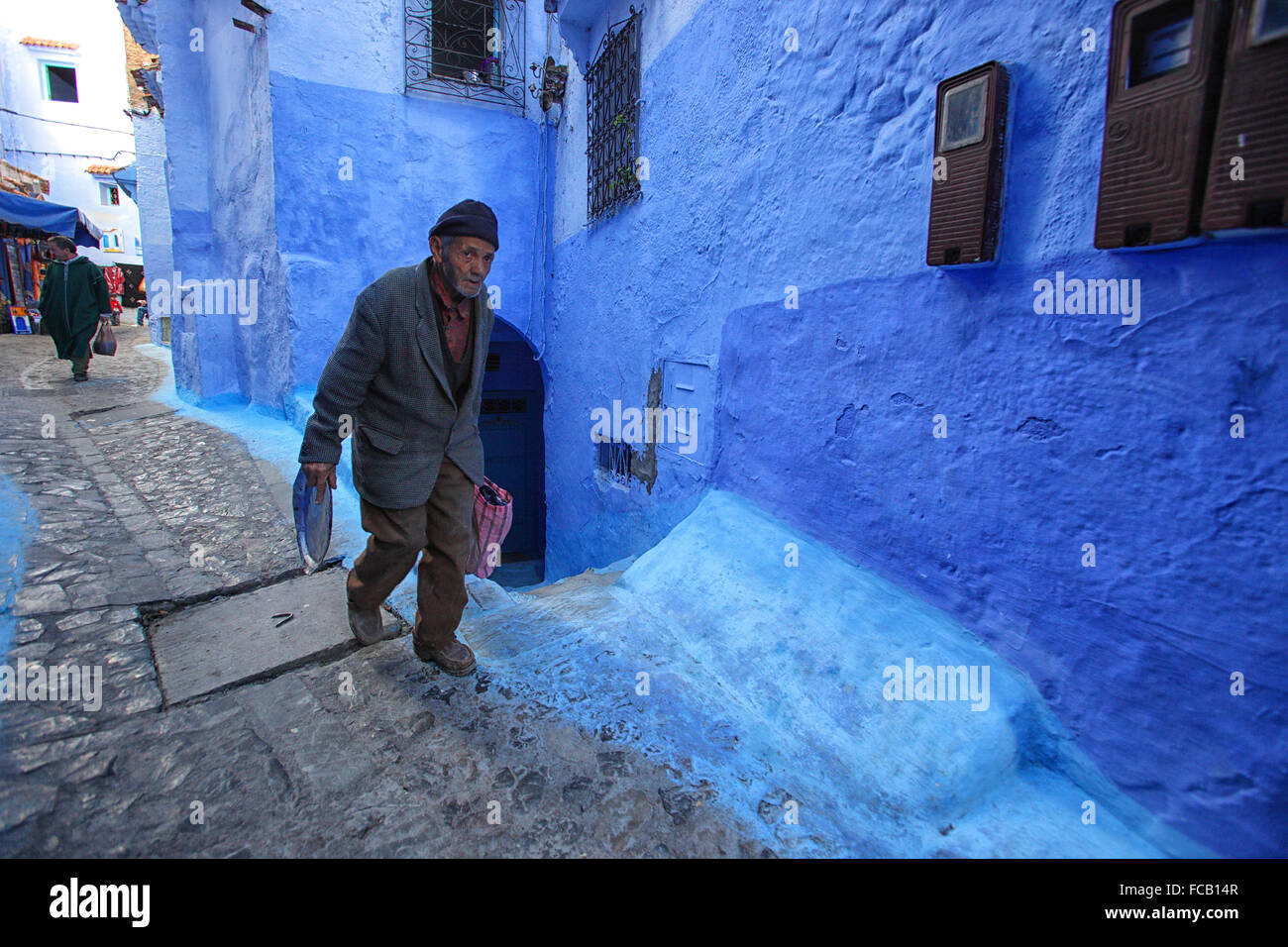 The blue walls of Chefchaouen, Morocco, which lies in the foothills of ...