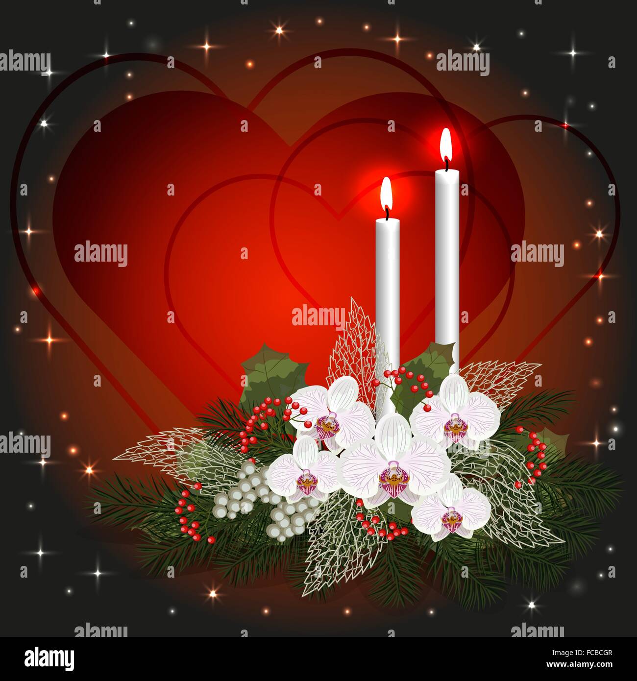 Valentines day greeting card with love hearts, decorations and burning ...