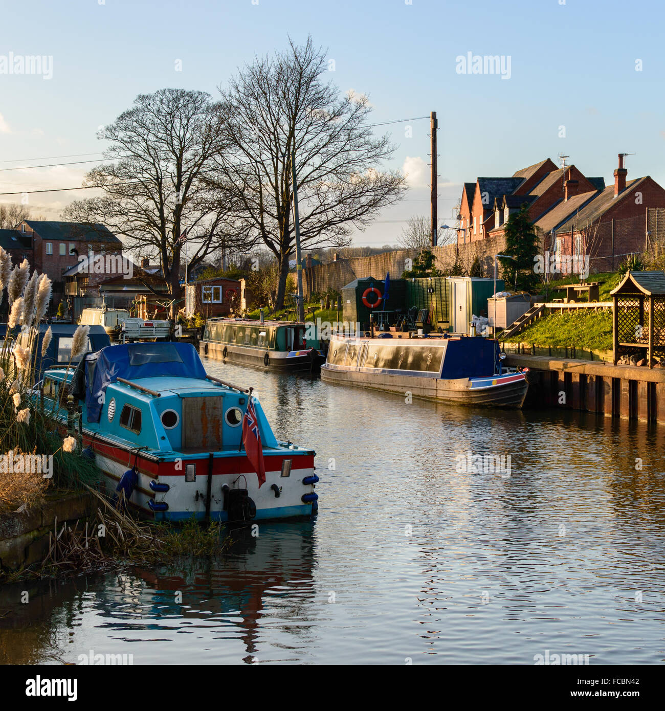 Longboats moored on the River Soar. In Zouch, England on 15th January ...