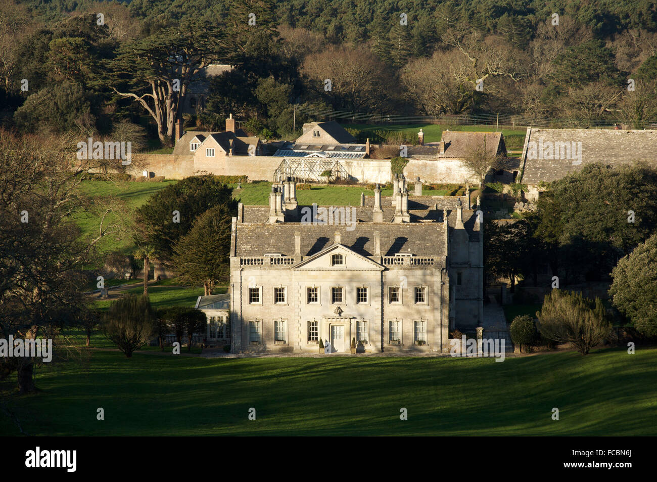 A view overlooking Creech Grange, an old historic country house ...