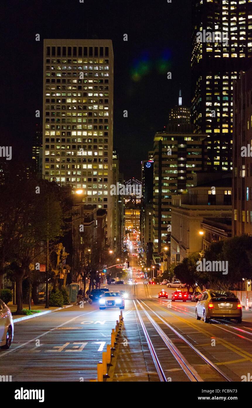 A night view of a typical steep hill incline street in downtown San ...