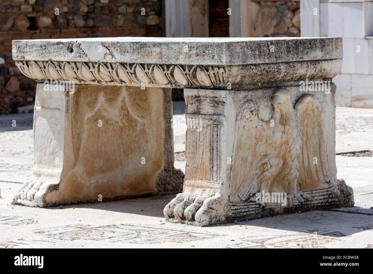 Synagogue altar with a stone carved eagle in Sardis, Turkey Stock Photo ...