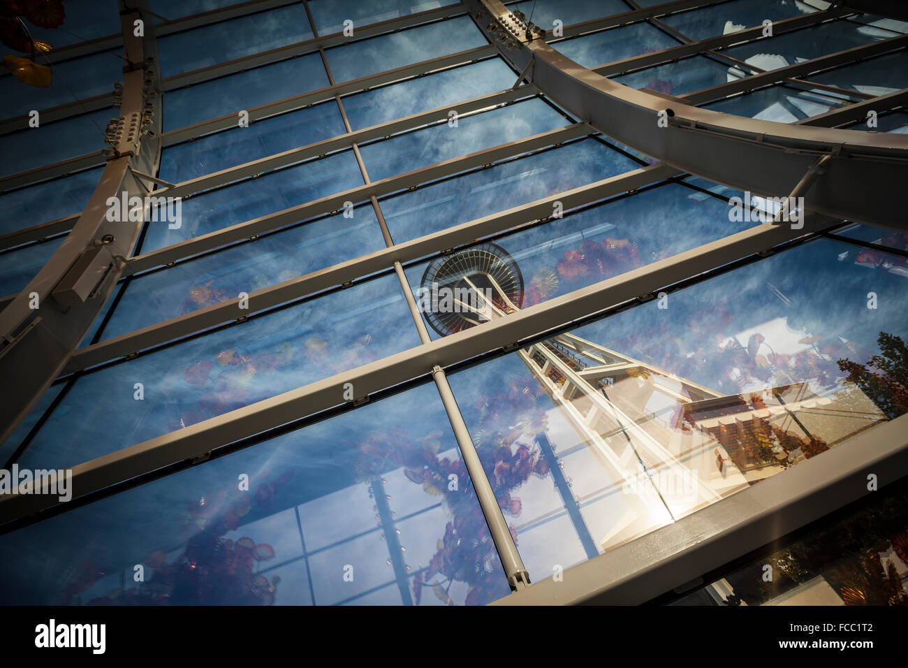 View of the Space Needle from inside the Chihuly Garden and Glass ...