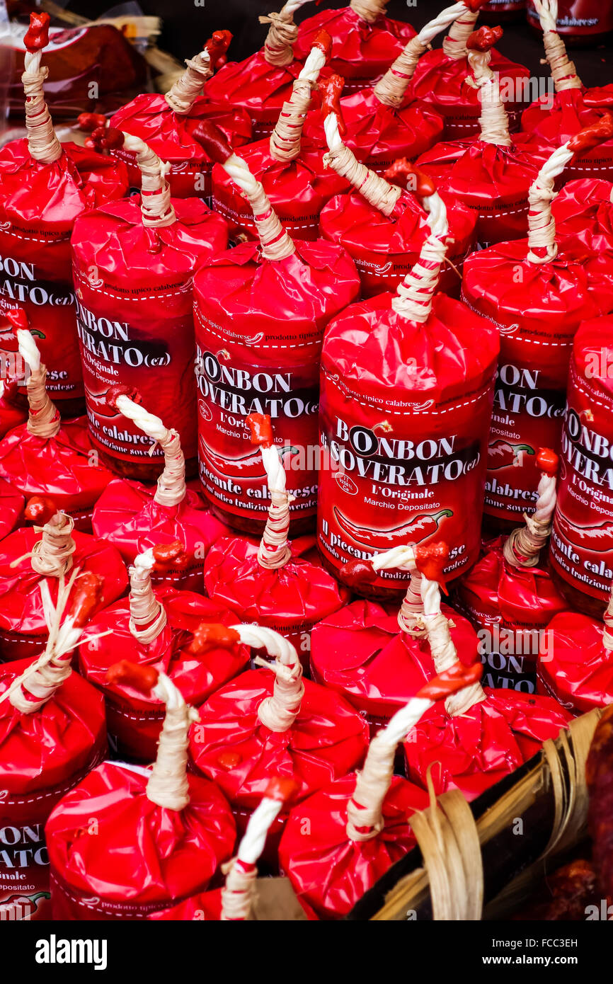 Chilli dynamite for sale on a market stall in Bergamo Stock Photo - Alamy