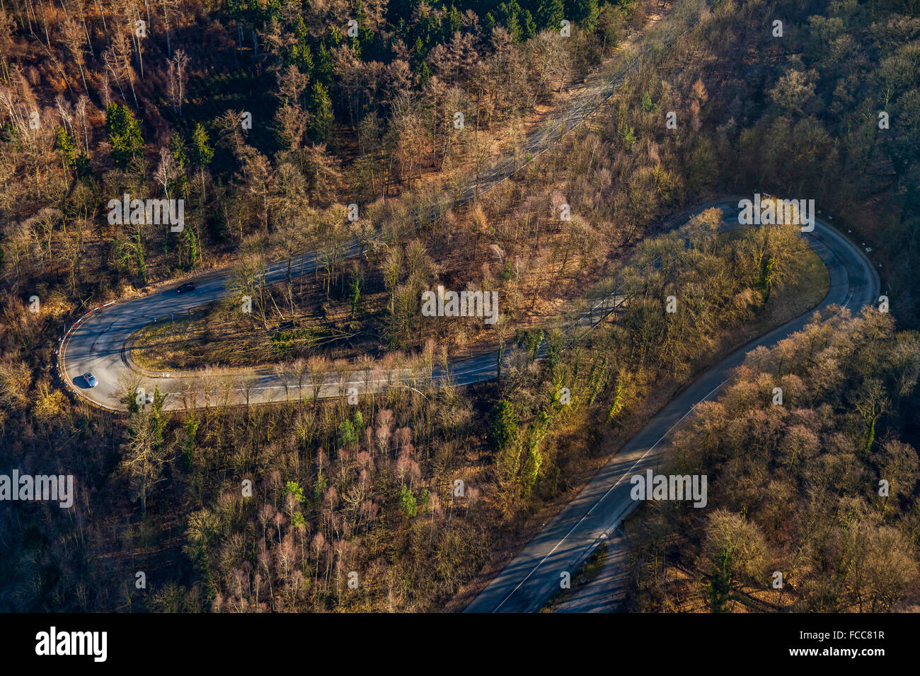 Aerial view, on Esel winding road to Ratingen, popular bike route, hairpins, Essen, Ruhr area ...