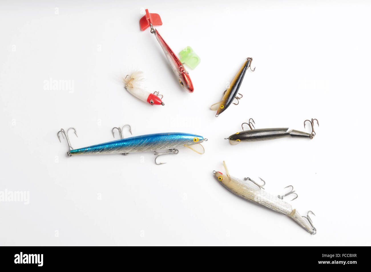 Fishing lures with white backdrop Stock Photo - Alamy