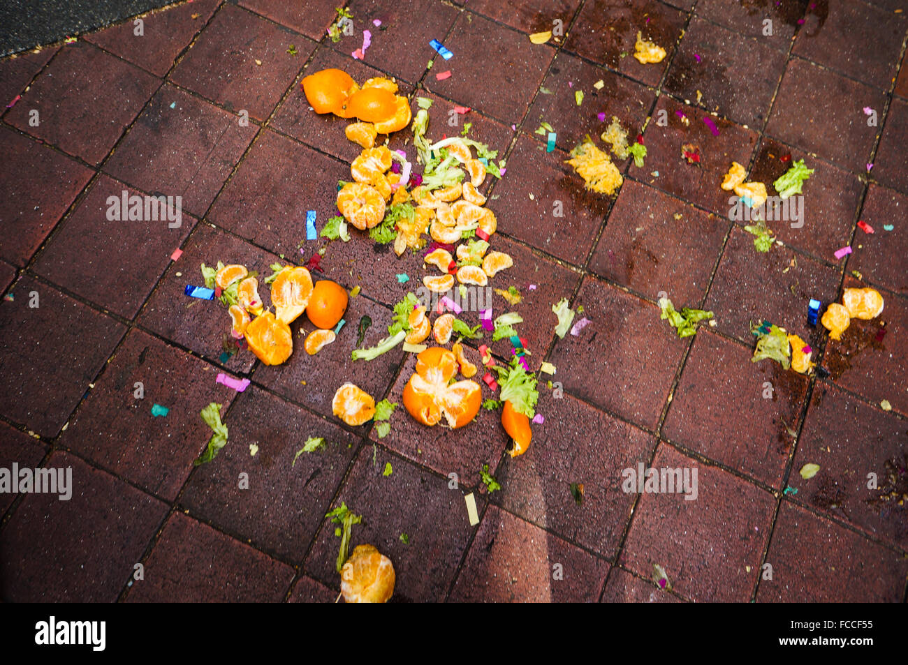 High Angle View Of Waste Fruits Scattered On Tiled Floor Stock Photo ...