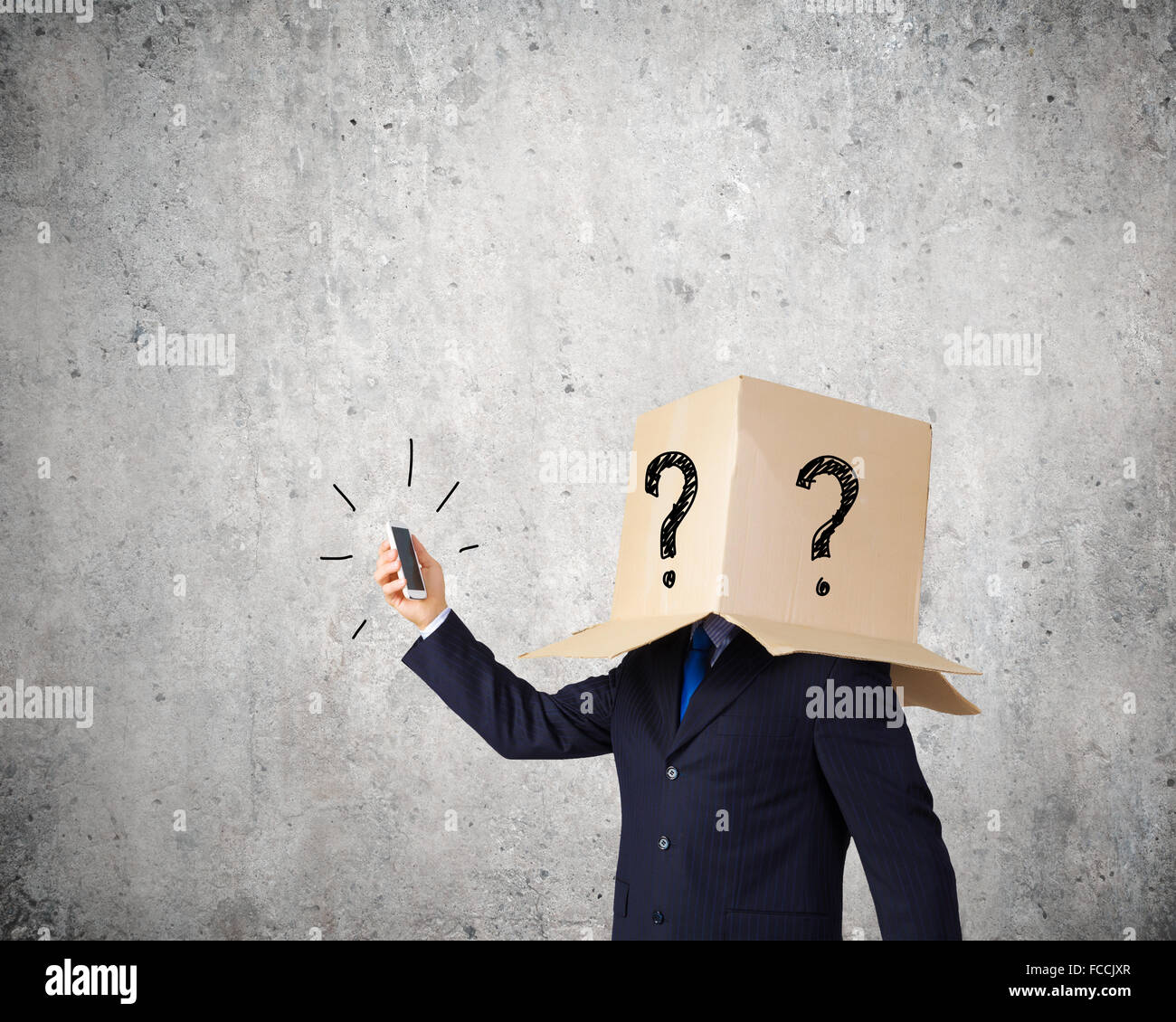 Troubled businessman with carton box on head expressing emotions Stock ...