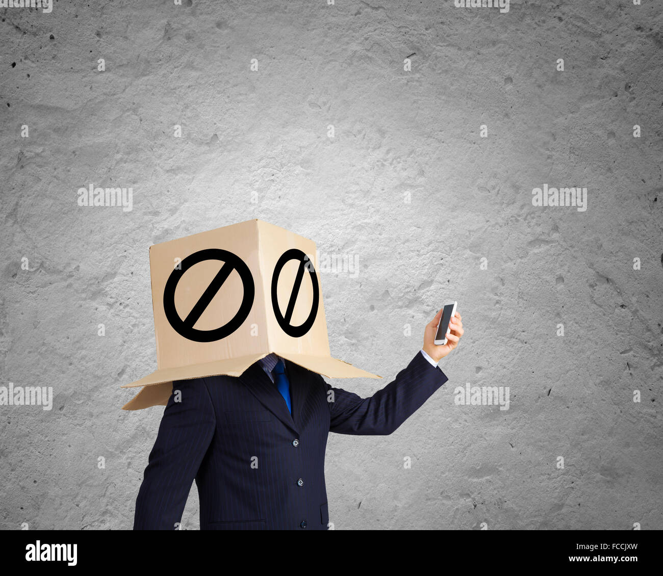 Troubled businessman with carton box on head expressing emotions Stock ...