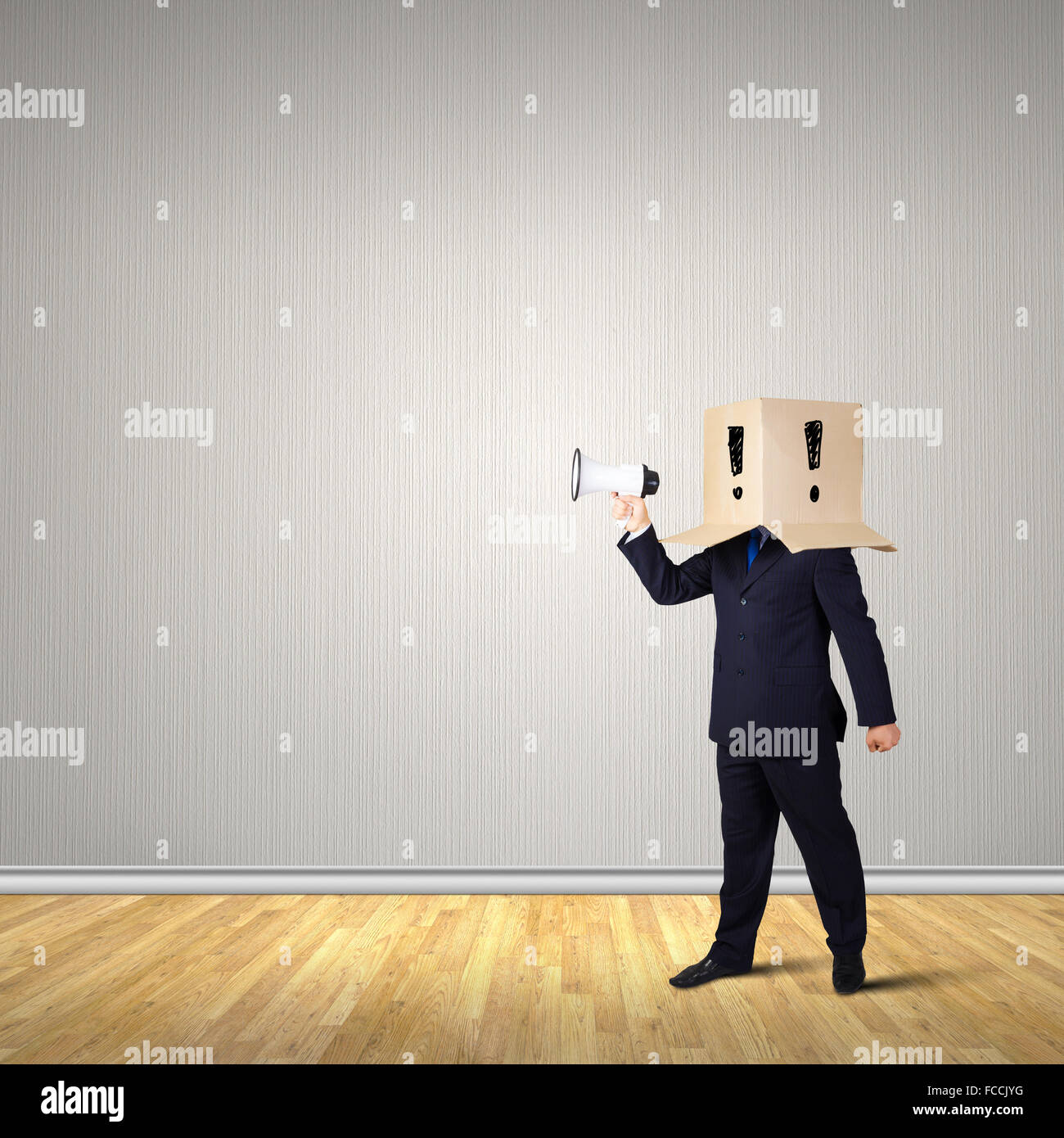 Businessman with box on head expressing emotions Stock Photo - Alamy