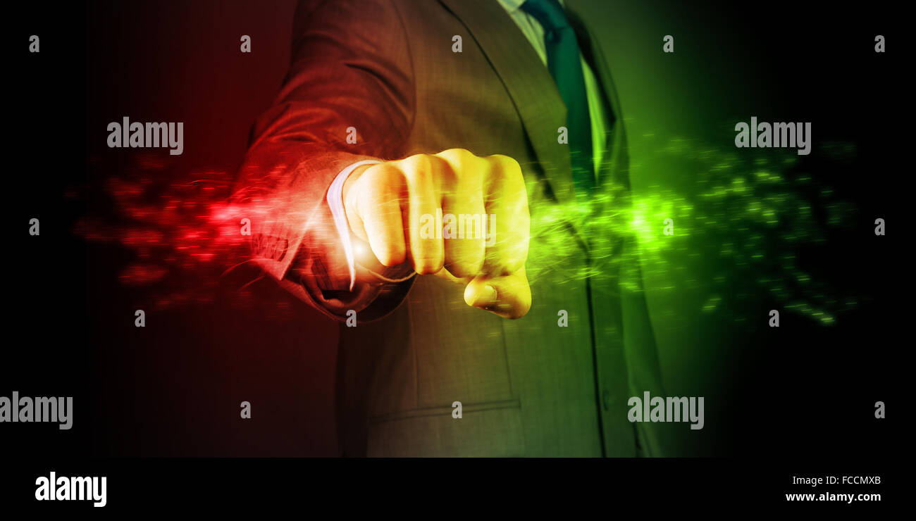 Businessman holding lightning in fist. Power and control Stock Photo ...
