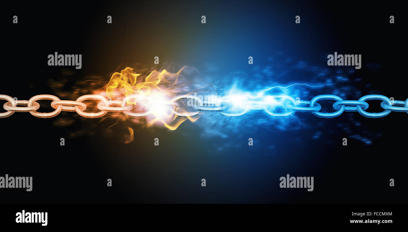 Conceptual image with steel chain in fire flames and lights Stock Photo ...