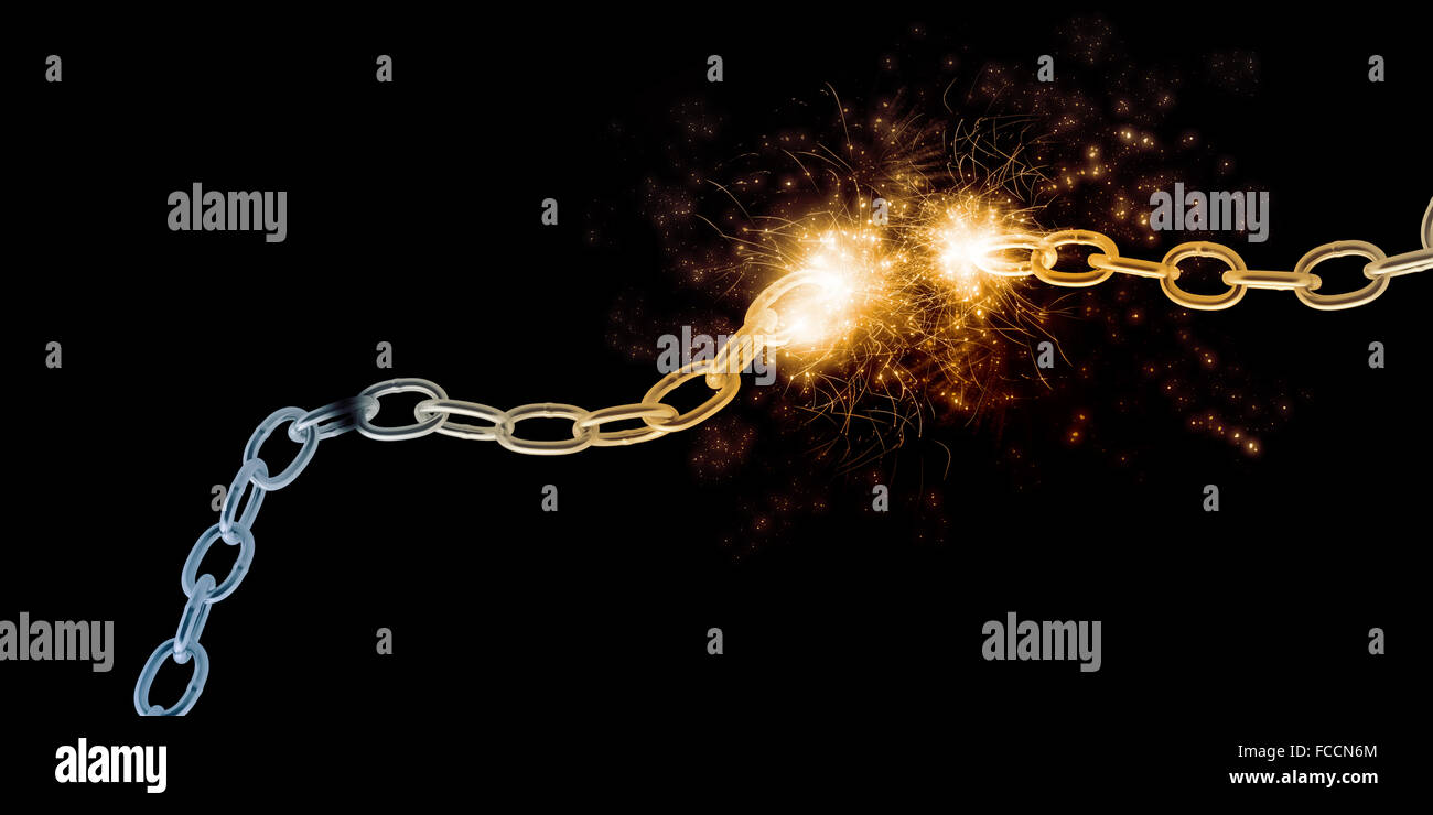 Conceptual image with steel broken chain in lights Stock Photo - Alamy