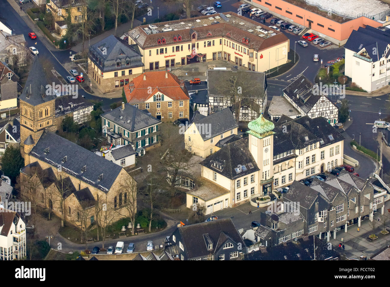 Aerial view, the town hall Herdecke, collegiate Herdecke in winter ...