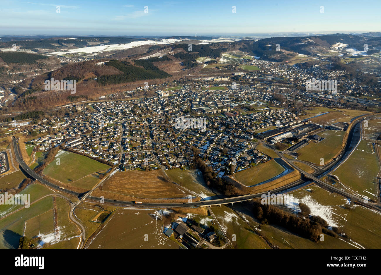 Aerial view, local bypass B 480, B 480 federal road, Olsberg, Sauerland ...