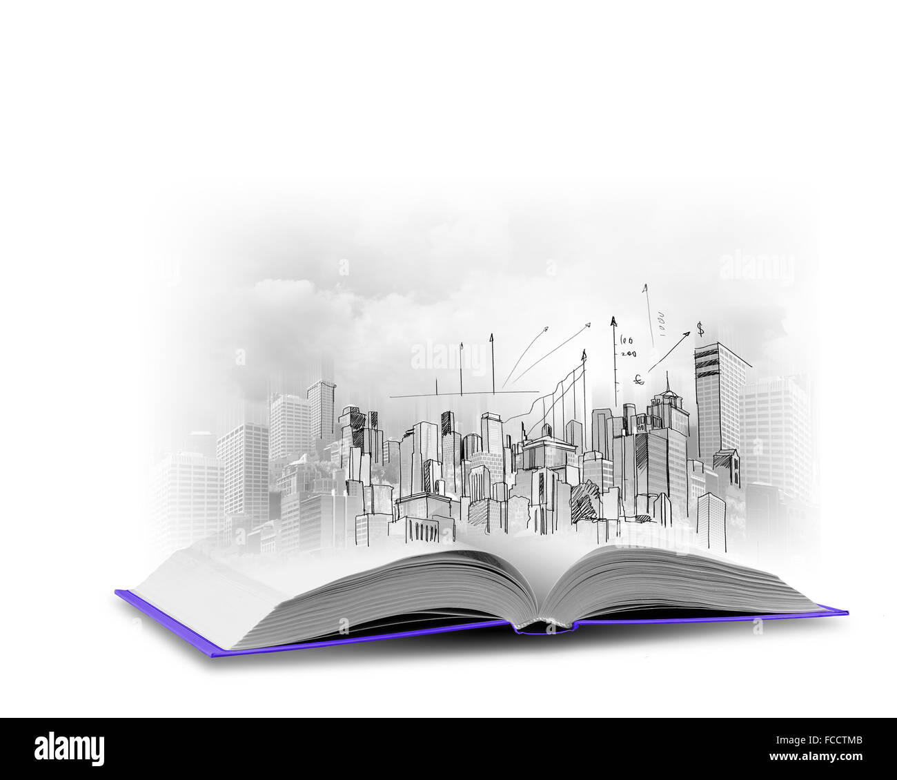 Opened book and hand drawing building sketches Stock Photo - Alamy