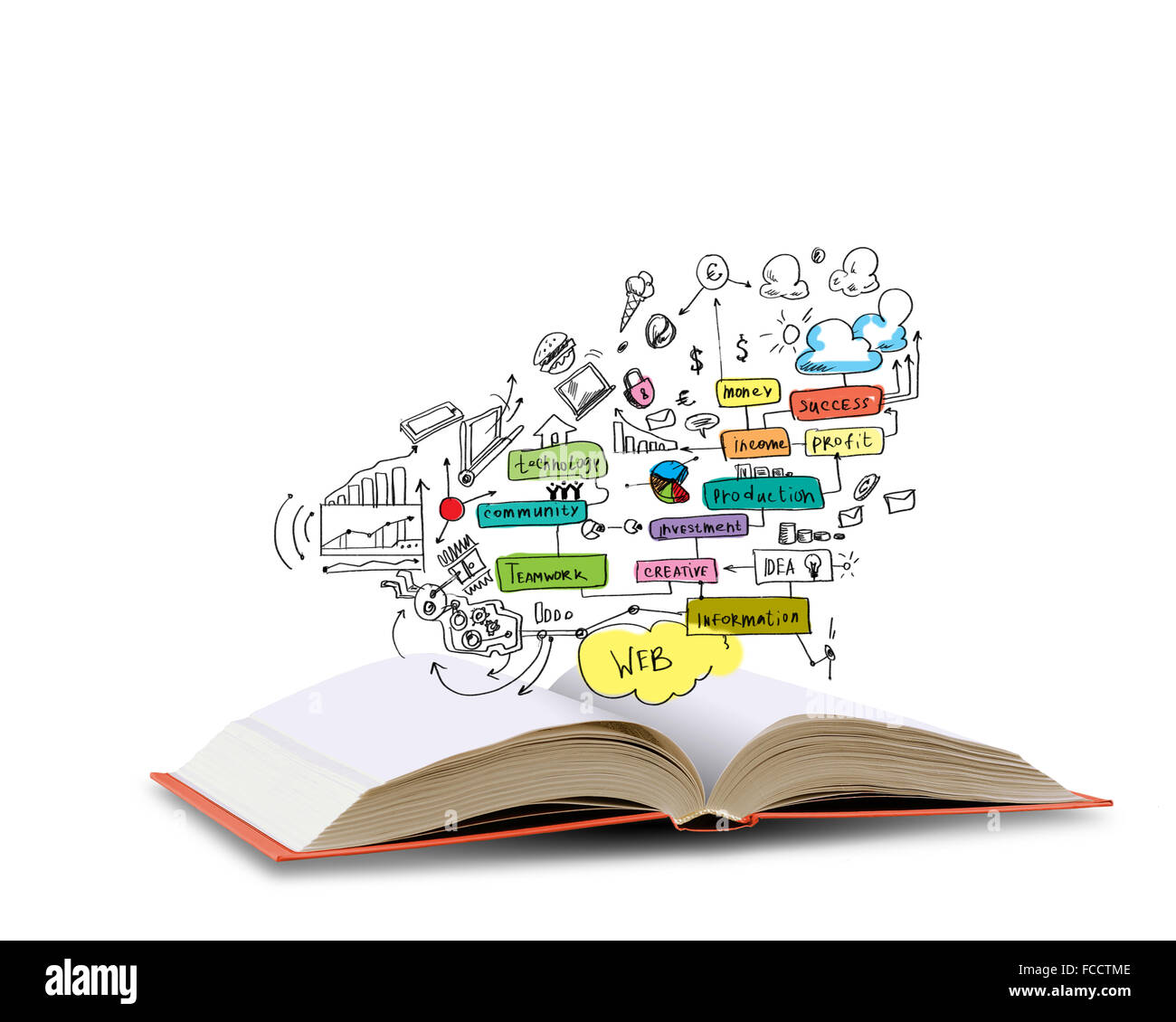 Opened book with business sketches and concept icons Stock Photo - Alamy