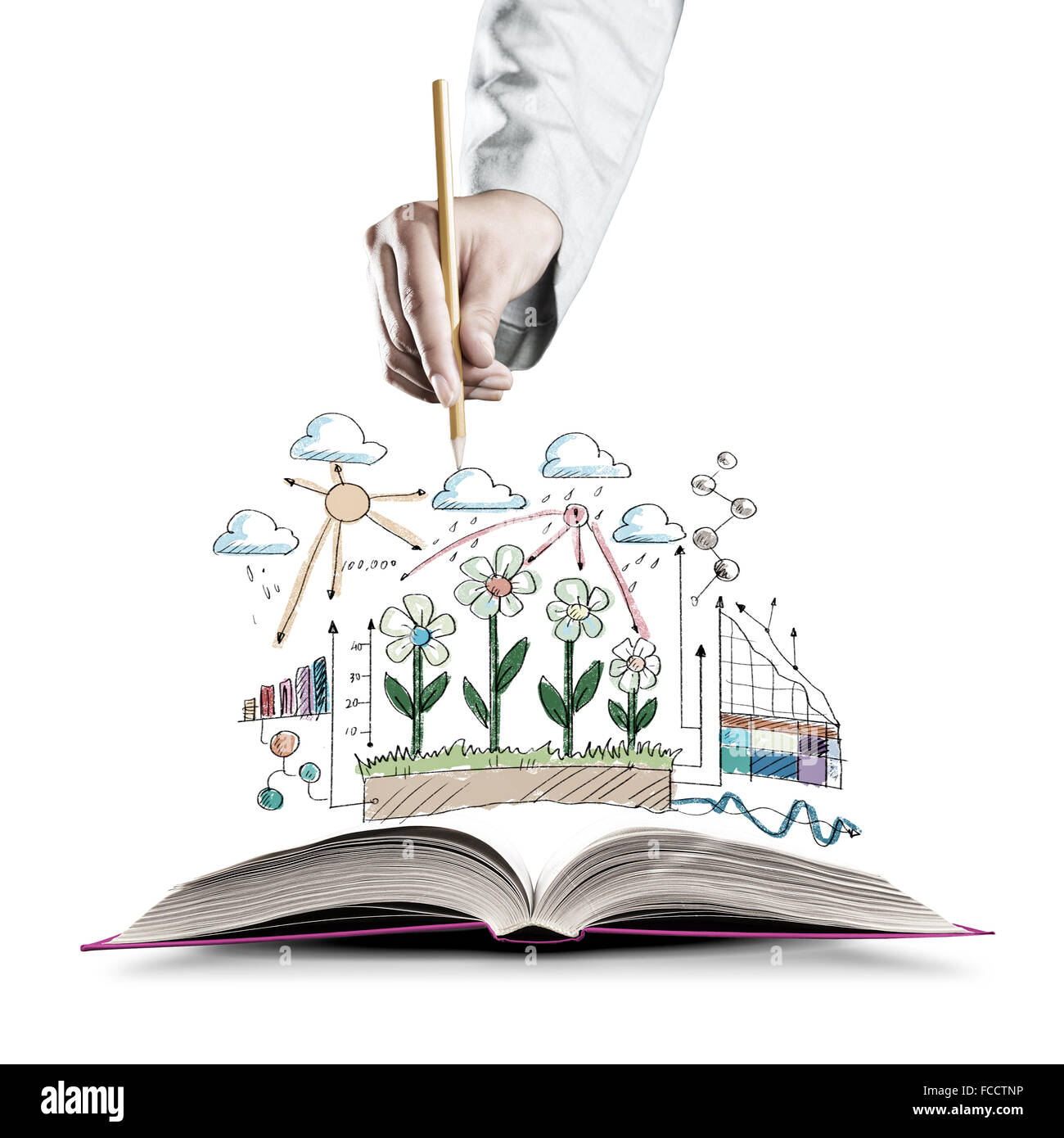 Opened book with business sketches and hand drawing with pencil Stock ...