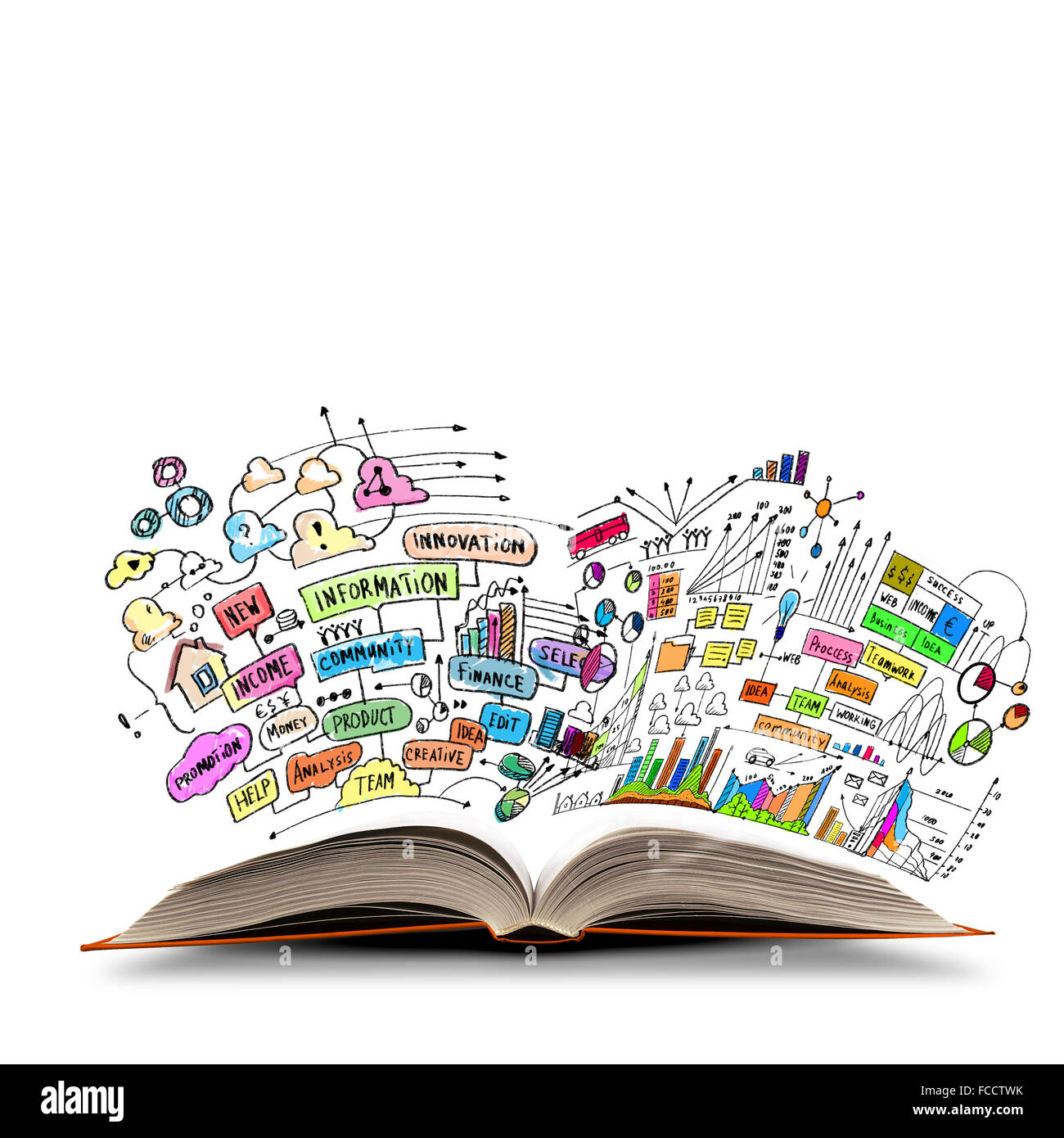 Opened book with business sketches and concept icons Stock Photo - Alamy