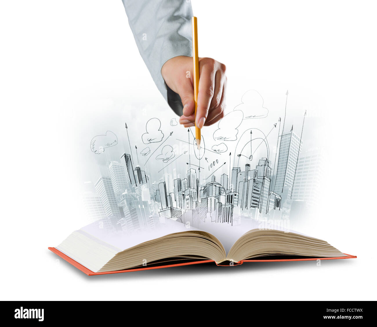 Opened book and hand drawing building sketches Stock Photo - Alamy