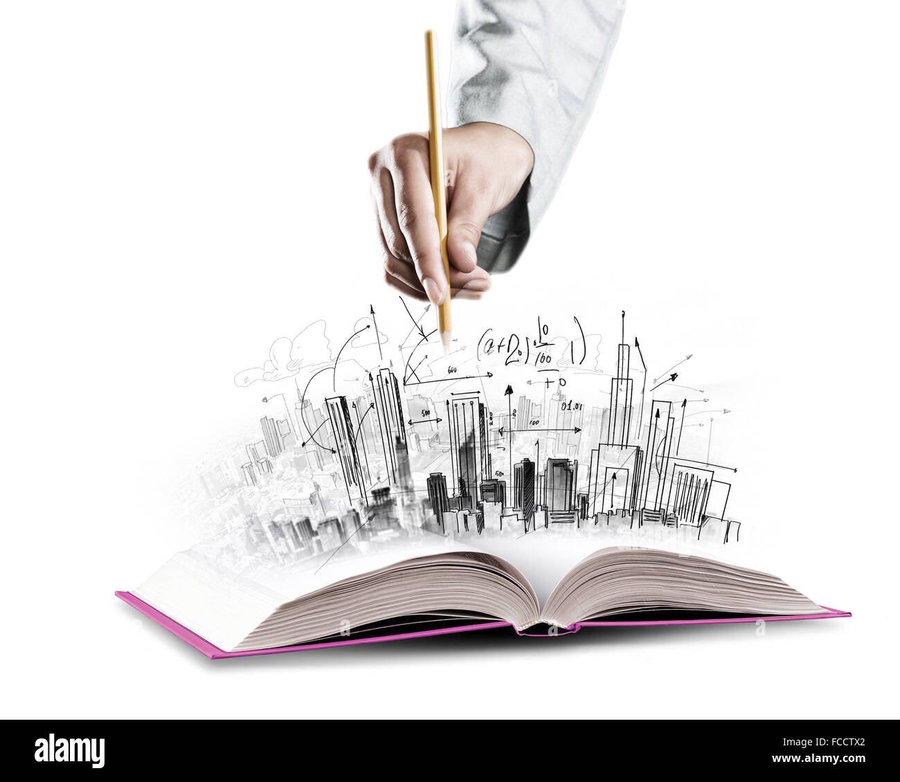 Opened book and hand drawing building sketches Stock Photo - Alamy