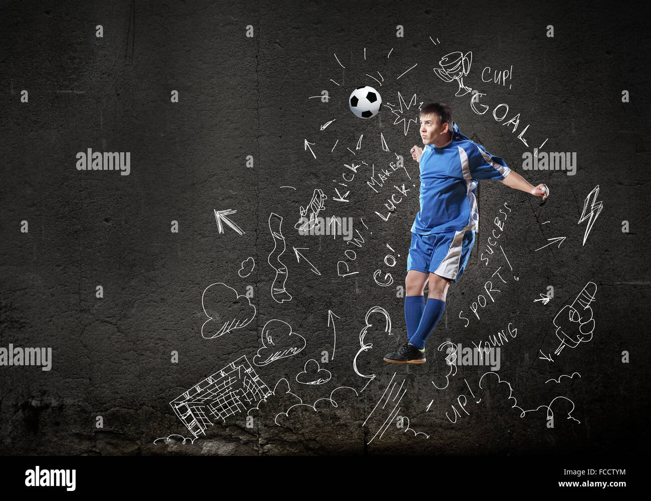 Football player in jump striking ball with sketches at backdrop Stock ...
