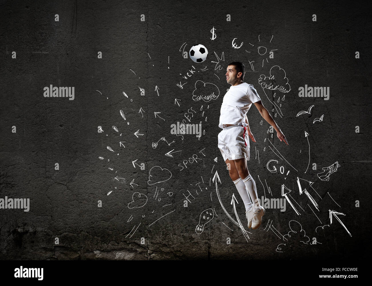 Football player in jump striking ball with sketches at backdrop Stock ...