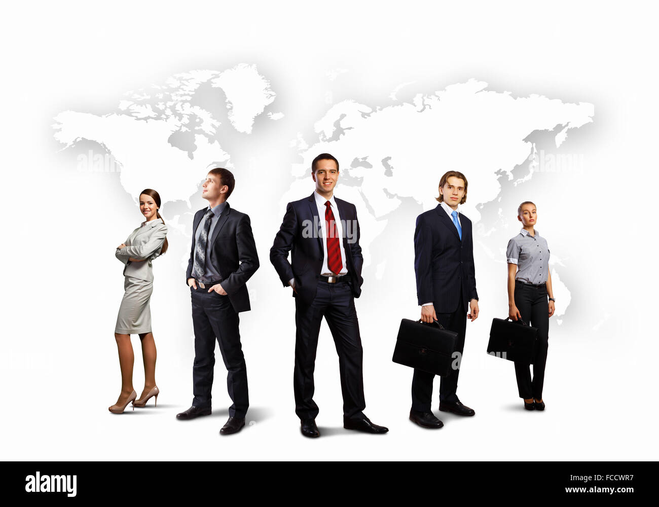 Image of businesspeople standing against world map background Stock ...